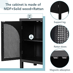 Bellemave Accent Storage Cabinet Buffet Cabinet Freestanding Storage Sideboard with Artificial Rattan Doors & Metal Handles, Entryway Cabinet for Living Room Office Bedroom, Kitchen (Black)
