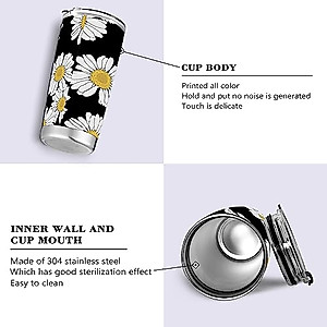 Kigai Stainless Steel Water Bottles Tumbler with Lids & Straws Vacuum Insulated Leak Proof Travel coffee Mug BPA FREE Smoothie Cup 12 OZ, Black White Daisy