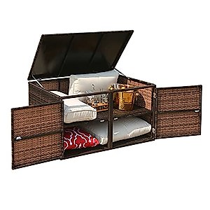 Outdoor 110 Gallon Rattan Deck Box, Wicker Patio Storage Cabinet Waterproof Storage Double Openable Door Cabinet Rattan Storage Deck Box with Lid and Separate Storage Shelf for Garden, Patio, Porch, Yard, can Store Cushions, Tools, Toys,Brown
