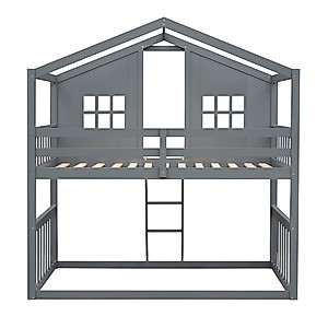 Harper & Bright Designs House Bunk Bed Twin Over Twin Kids Bunk Bed Wood Frame for Girls Boys, Roof Design (Twin Size, Gray)