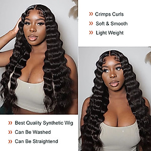 28 Inch Long Curly Synthetic Hair Wigs for Women Black Lace Front Wig Synthetic Curly Wigs Deep Wave Wig with 4" Simulated Scalp Natural Crimps Curls Hair Replacement Wigs for Daily Party Use 1B#