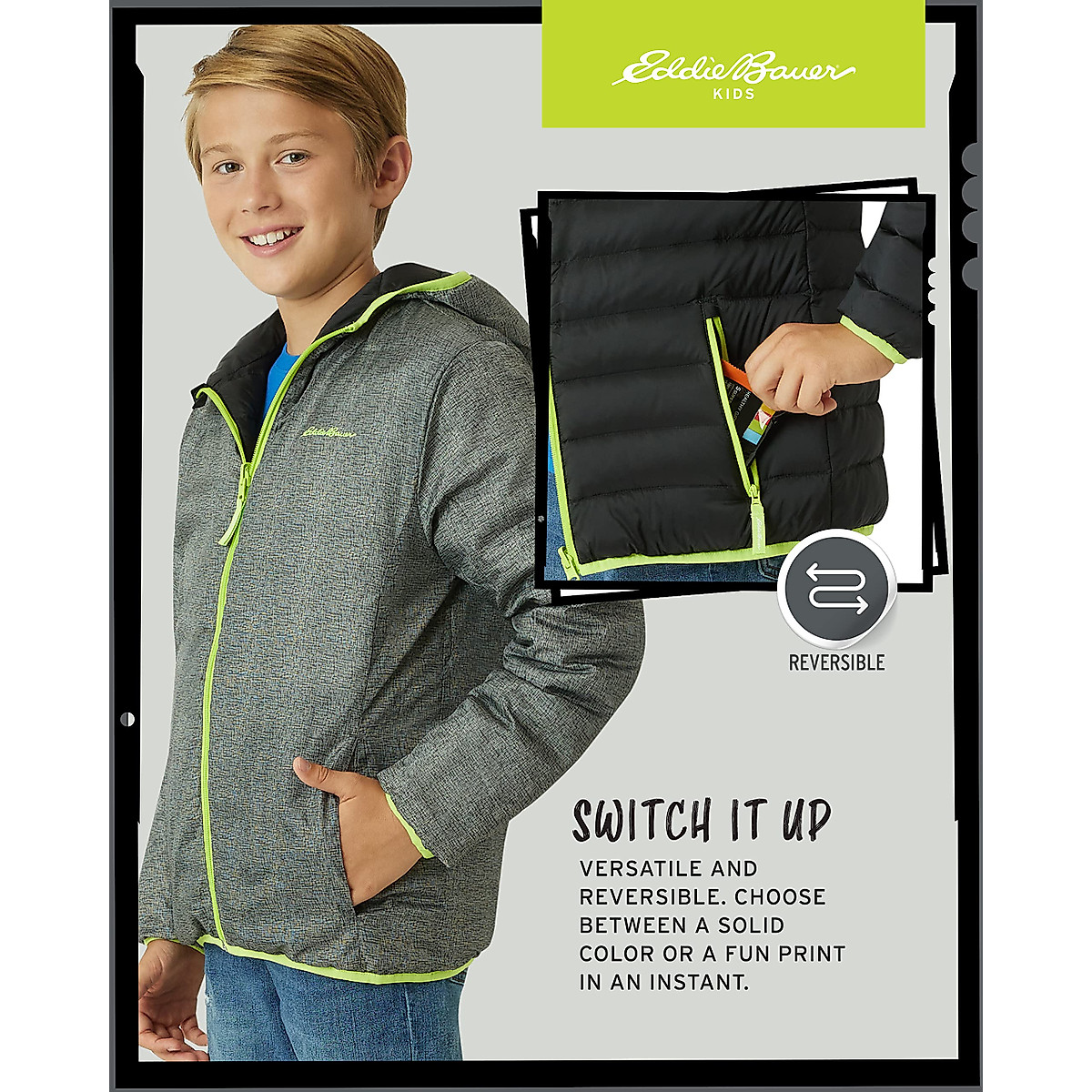 Eddie Bauer Kids' Reversible Jacket - Weather Resistant Quilted Down Coat for Boys and Girls (3-20), Size 10-12, Black