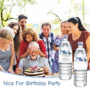 URROMA Wedding Water Bottle Labels, 50 Pcs Thank You White and Blue Rose Water Bottle Wraps Water Bottle Stickers for Birthday Baby Shower