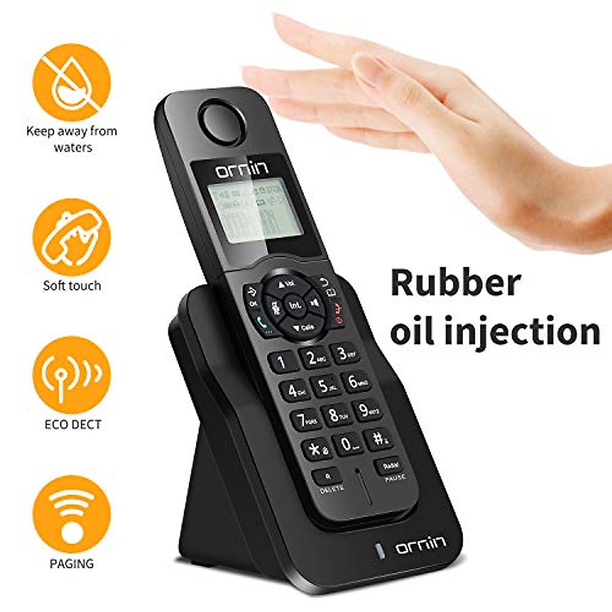 Ornin D1005 Cordless Landline Telephone for Home and Office Use, ECO Technology, Rubber Oil Injection(Single Pack, Black)…
