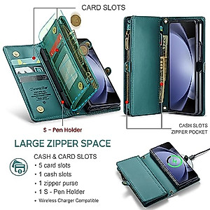 ASAPDOS Samsung Galaxy Z Fold 5 Wallet Case with S Pen Holder,PU Leather Strap Wristlet Flip Case with Magnetic Closure[S-Pen Fully Compatible],Card Holder[RFID Blocking] and Kickstand Blue-Green