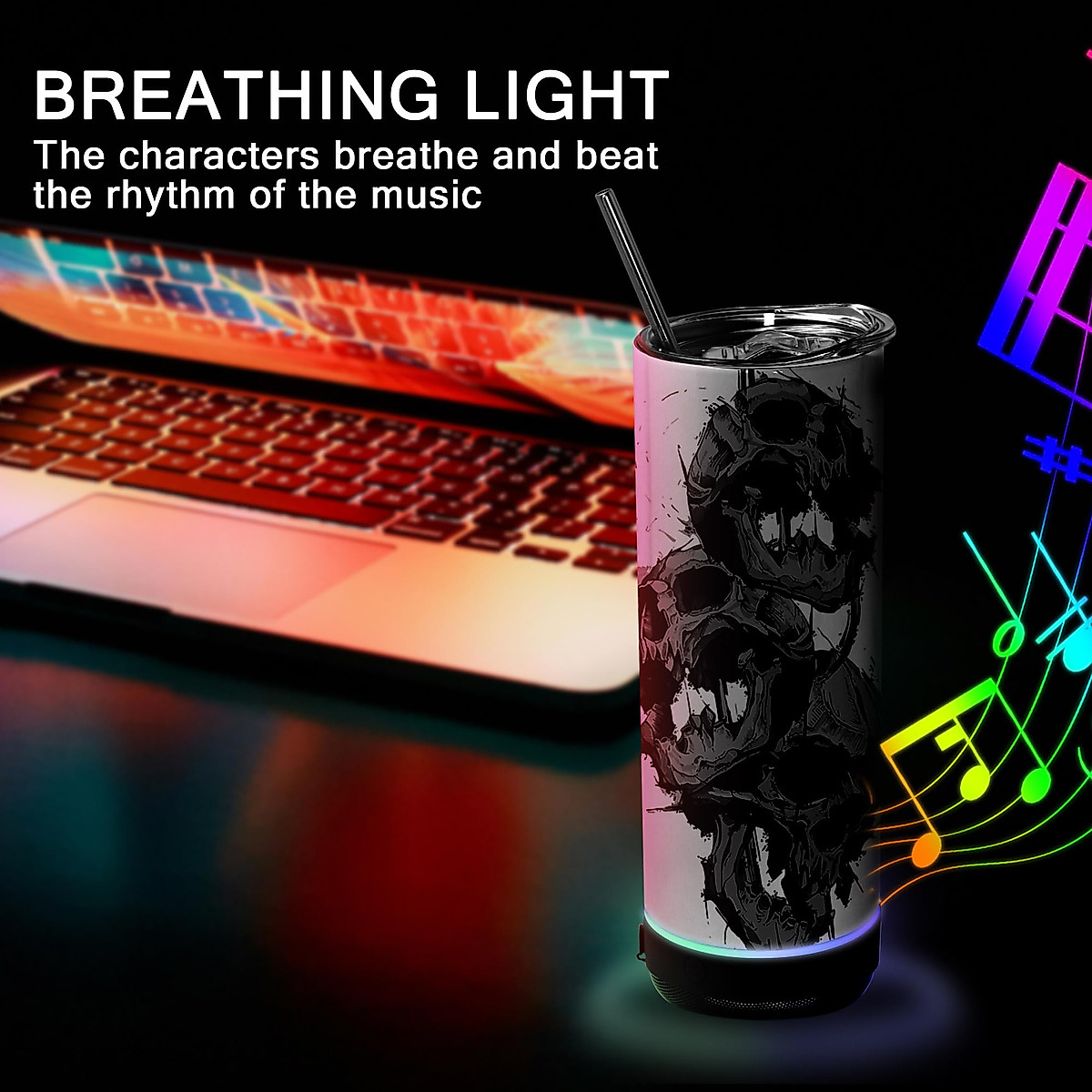 sweet grain Sublimation Speaker Tumblers 20 oz(4Pack) - Music Speaker Tumblers with Lids and Straws, Skinny Straight Sublimation Tumblers with Speaker & USB Charging Cables for DIY Gift - Black