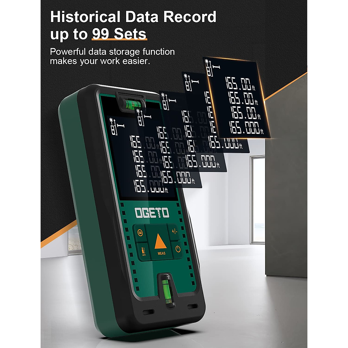 Laser Measure, Ogeto 165 Feet Digital Laser Distance Meter with 2 Bubble Levels,M/in/Ft Unit Switching Backlit LCD and Pythagorean Mode, Measure Distance, Area and Volume