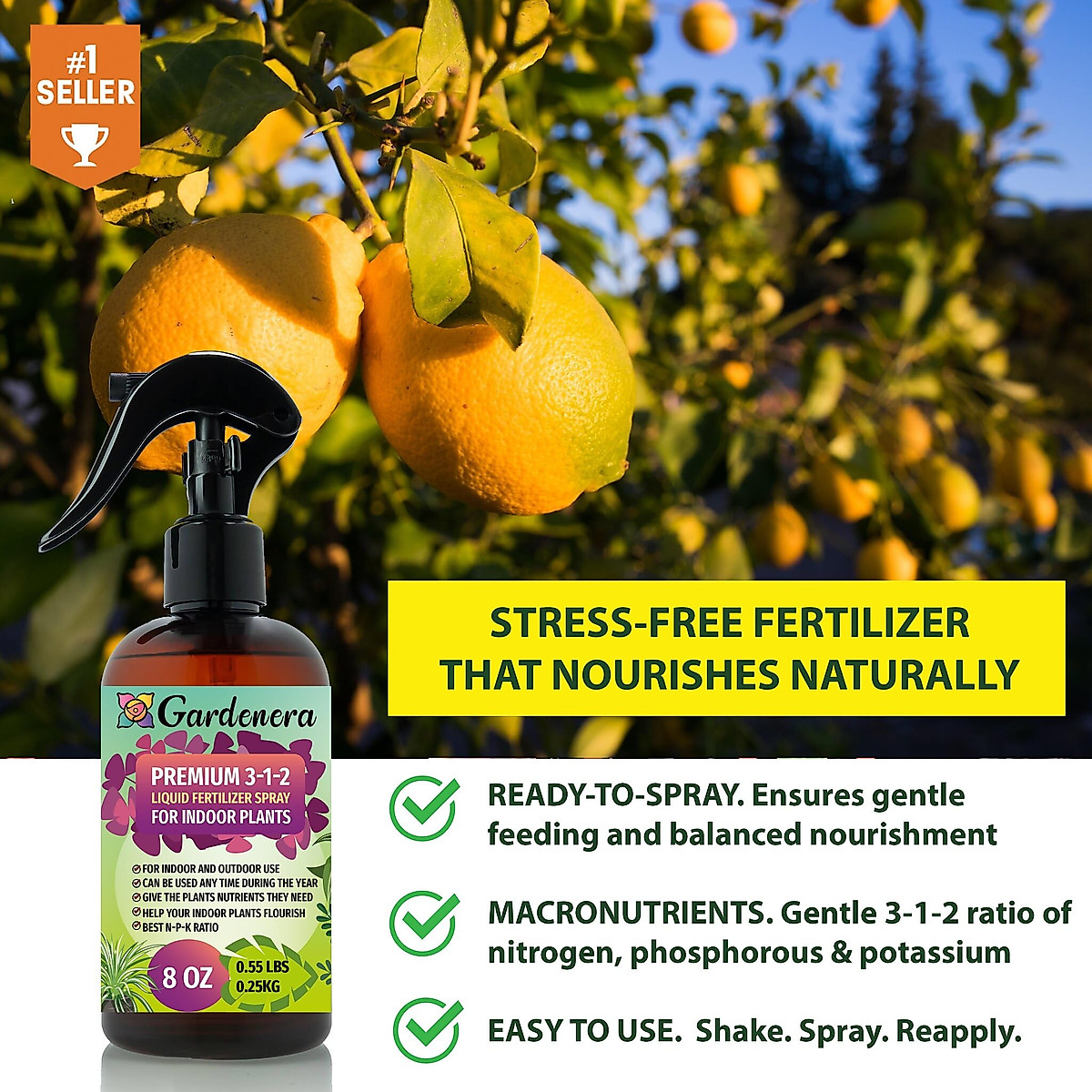 Gardenera Proffesional Bonsai Spray Fertilizer Mist for Home Gardening | 3-1-2 Gentle Blend Mist for Healthy Leaves & Growth | Essential Nutrients for Bonsai - 8oz