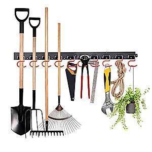 MOHOO 64 Inch Adjustable Tool Hanger Wall Holder for Garden Tools, Wall Mount Tool Organizer, Garage Tool Rack, Heavy Duty Shovel Hanger with 4 Rails 16 Hooks