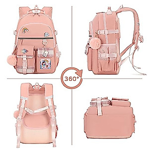 SHADOW VISION School Backpacks for Girls Backpack with Lunch Box Cute Backpack for School Bag Bookbag Backpack for Teen Girls (Pink)