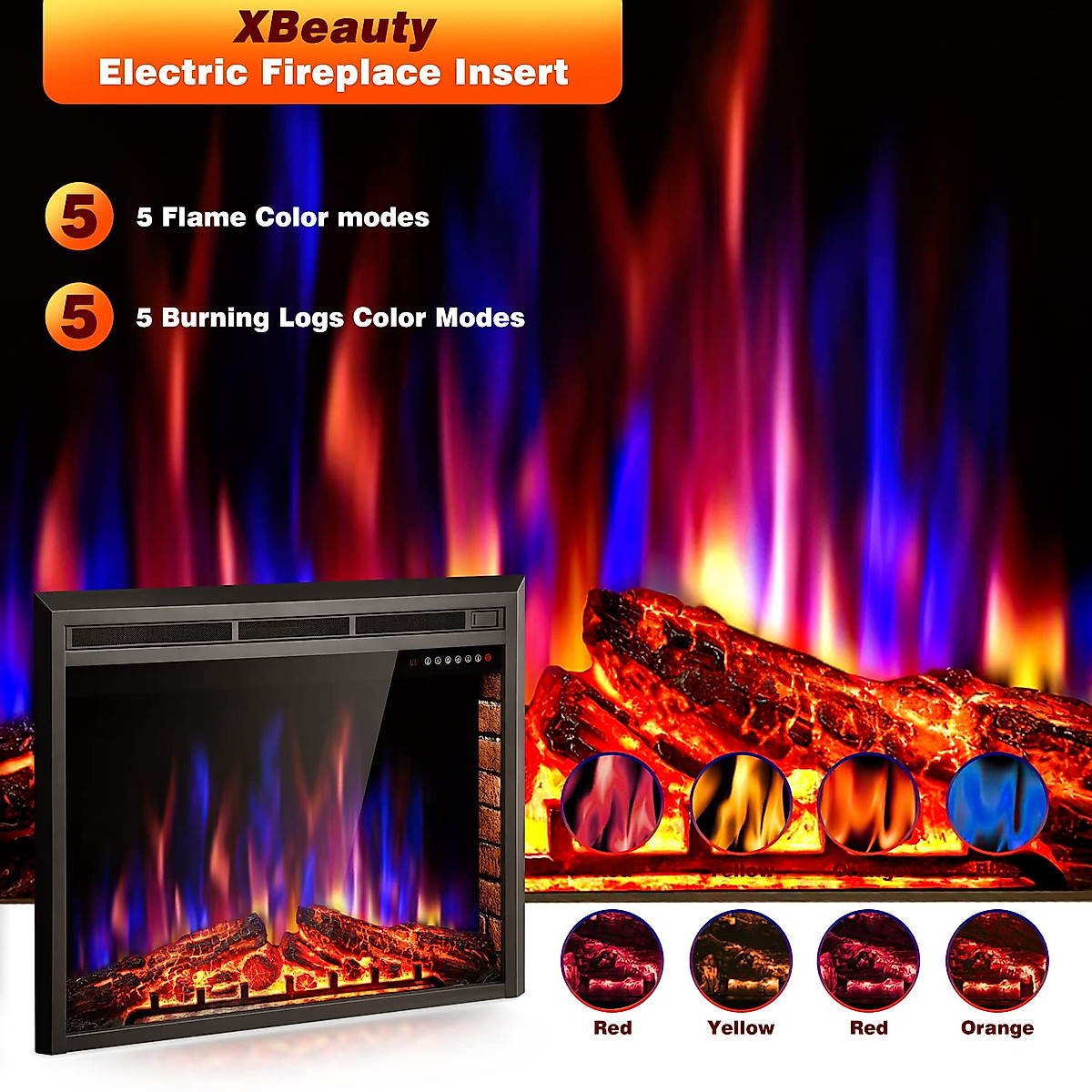 XBeauty 39 Inch Electric Fireplace Insert, Electric Heater with Touch Screen,Colorful Flame & Timer Control,750W-1500W and Remote Control.