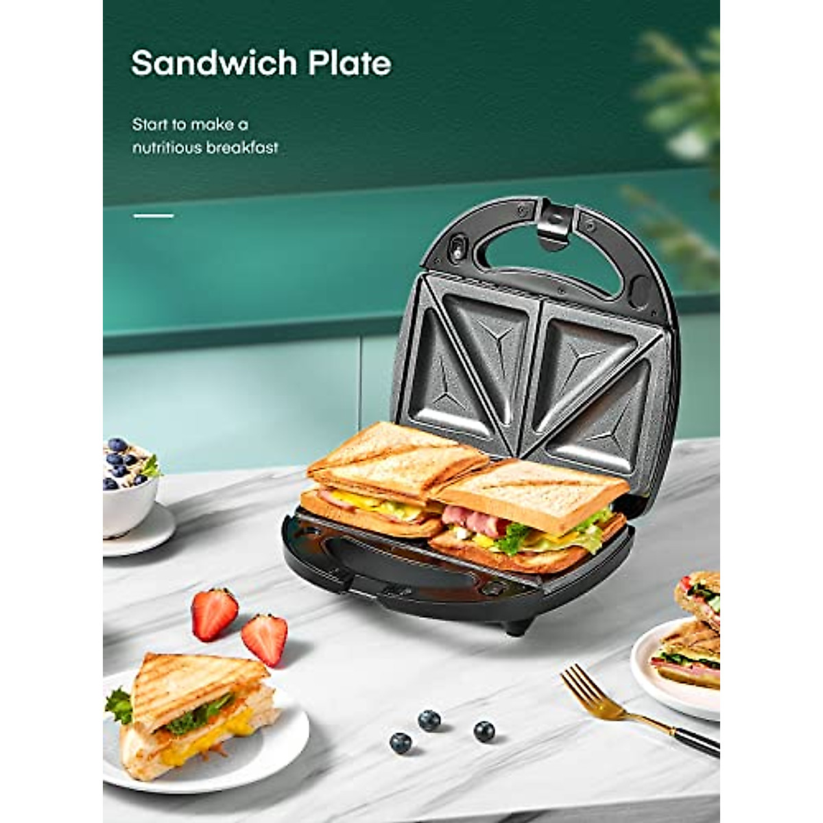 FOHERE 3-in-1 Sandwich Maker, Waffle Maker, Sandwich Grill, Portable Electric Panini Press with Removable Non-Stick Plates, LED Indicator Lights, Cool Touch Handle, Toaster, Grilled Cheese Machine