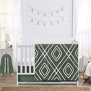 Sweet Jojo Designs Dark Green Boho Boy Girl Gender Neutral Baby Crib Skirt Bed Dust Ruffle Bedskirt Straight Nursery Hunter Sage Modern Bohemian Farmhouse Southwest Shabby Chic Fringe Diamond Tuft