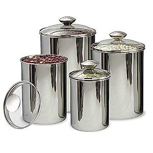 nu steel Canister Set Collection 4 Piece S/Steel Food Storage Container with Tempered Glass Lids for Kitchen Counter, Coffee, Tea, Etc, Small, Shiny Mirror