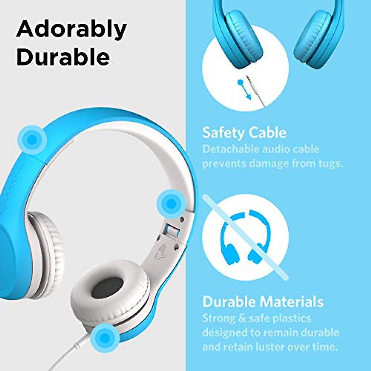 LilGadgets Connect+ Kids Headphones Wired with Microphone, Volume Limiting for Safe Listening, Adjustable Headband, Cushioned Earpads for Comfort, Toddler Headphones, Blue