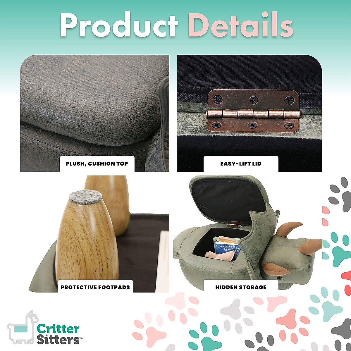 CRITTER SITTERS 15-in. Seat Height Green Triceratops Dinosaur Animal Shape Storage Ottoman, Kids Furniture for Nursery, Bedroom, Playroom, and Living Room Decor, Multifunctional Cushioned Step Stool