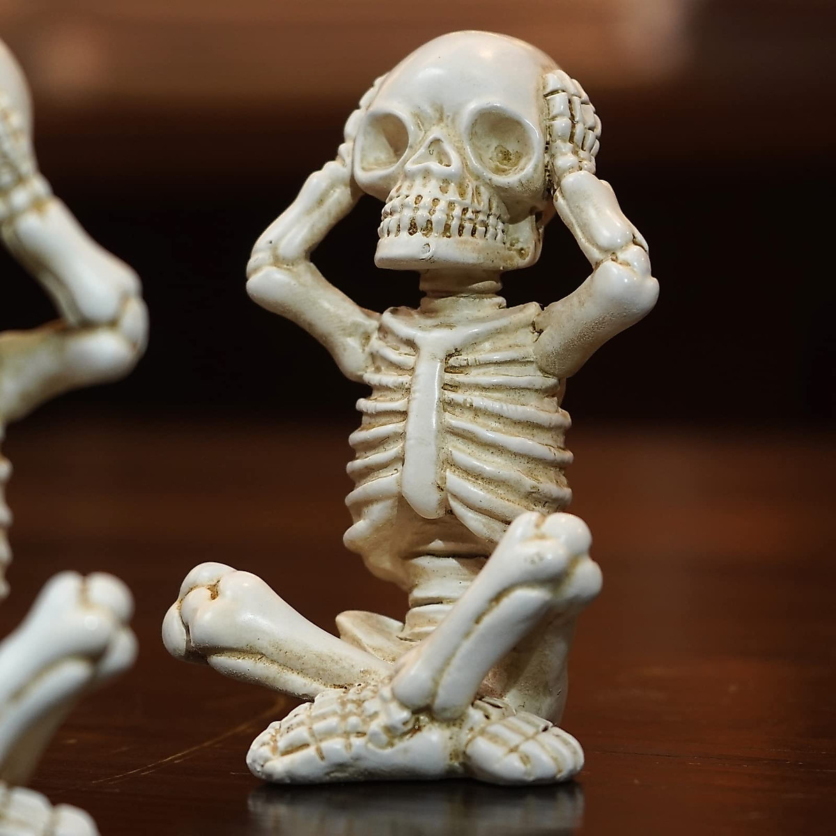 OwMell Set of 3 Skeletons Statue, Yoga Skull Figurine, Hear See Speak No Evil Statue Figurine, Halloween Gothic Home Decor - No Evil