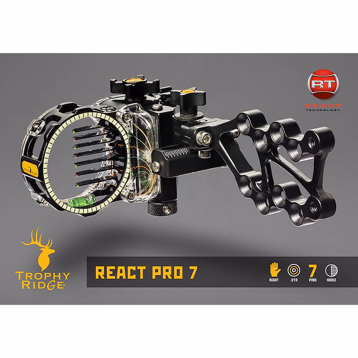 Trophy Ridge React Pro 7 Pin Archery Bow Sight - Tool Less Windage and Elevation Adjustability, 2nd/3rd Axis Leveling, Adjustable Click Light, Glow Ring, Right Hand, 0.010 Pin
