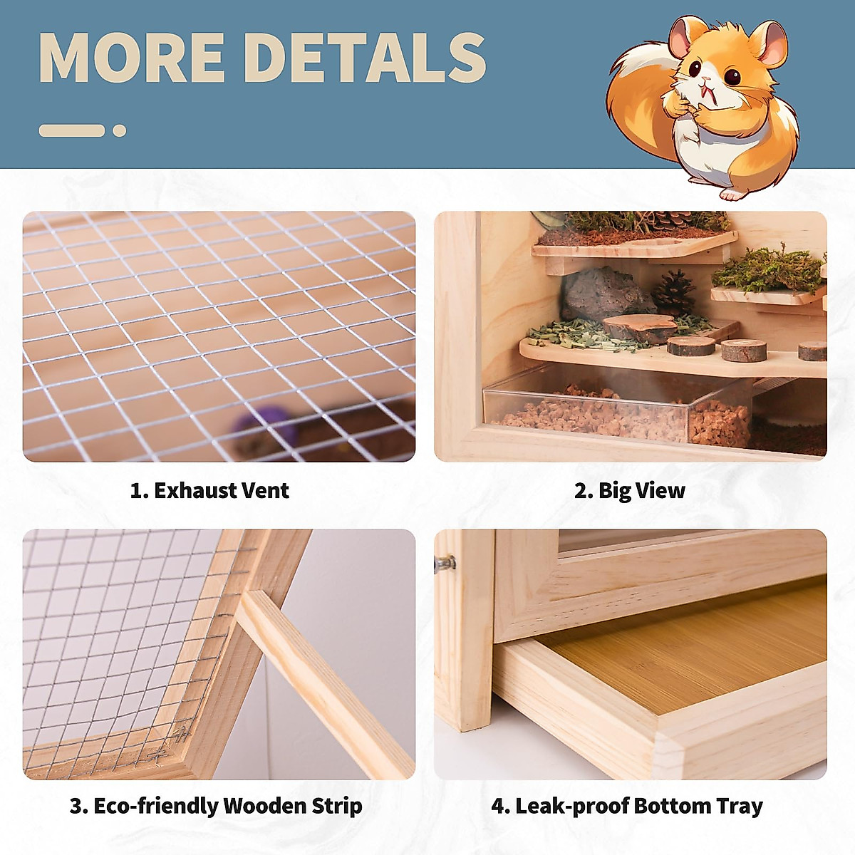 Wooden Hamster Cage and Hideout (23.6" L x 15.7" W x 15.7" H) for Small Animal, Syrian Hamster, Guinea Pig, Gerbil, 2-Tiers with Shelf and Ladder, Waterproof Pull-Out Tray, Natural Wood