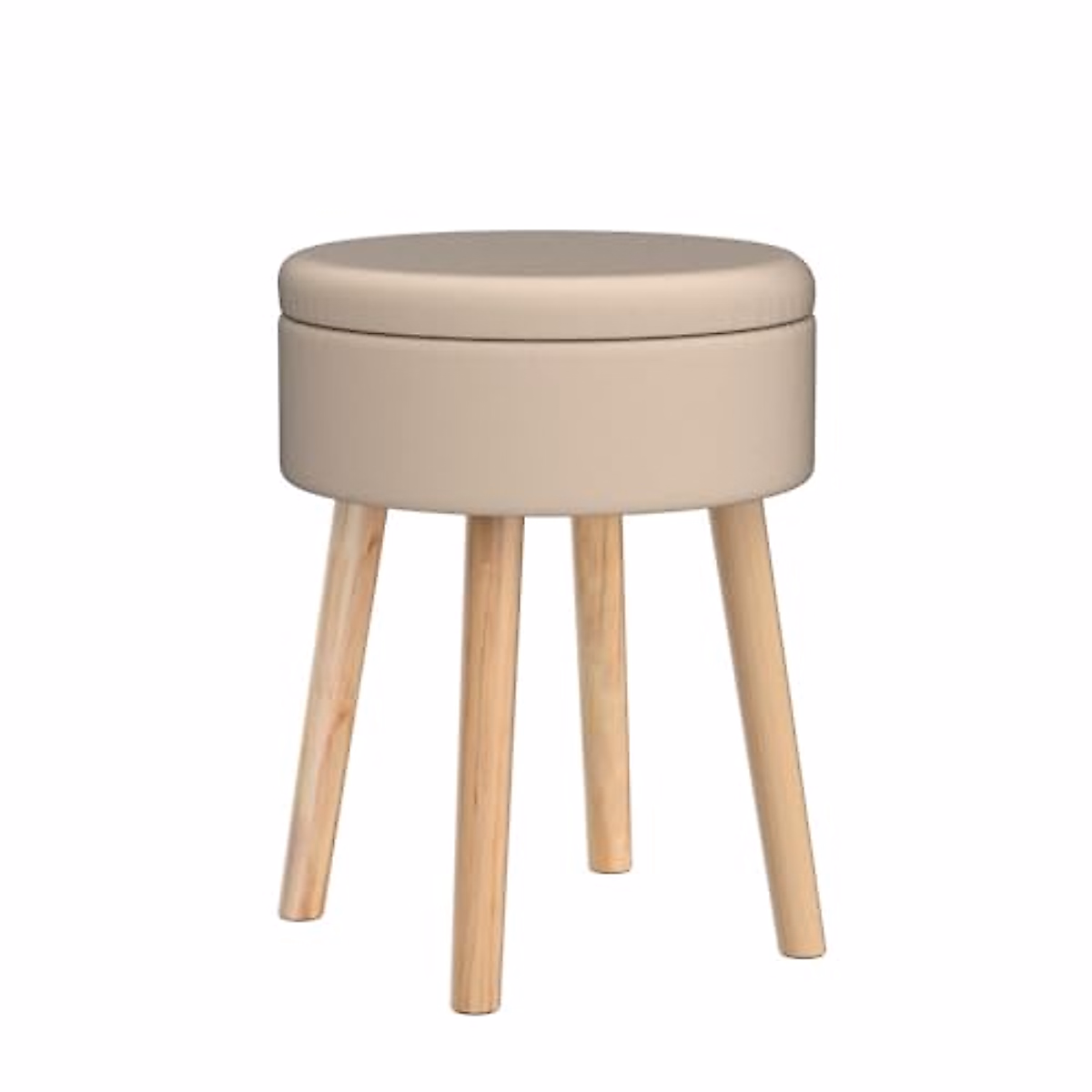 Mxfurhawa Storage Ottoman Linen Round Vanity Stool Tray Top Modern Foot Stool with Wood Legs Multifunctional Upholstered Foot Ottoman Rest for Living Room, Bathroom, Makeup (Beige)