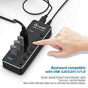Powered USB 3.0 Hub, ikuai 7-Port Multiple USB Port Splitter, USB 3 Powered Hub with Individual LED On/Off Switches and Power Supply, Multiple USB Hub 3.0 Powered for Mac, PC