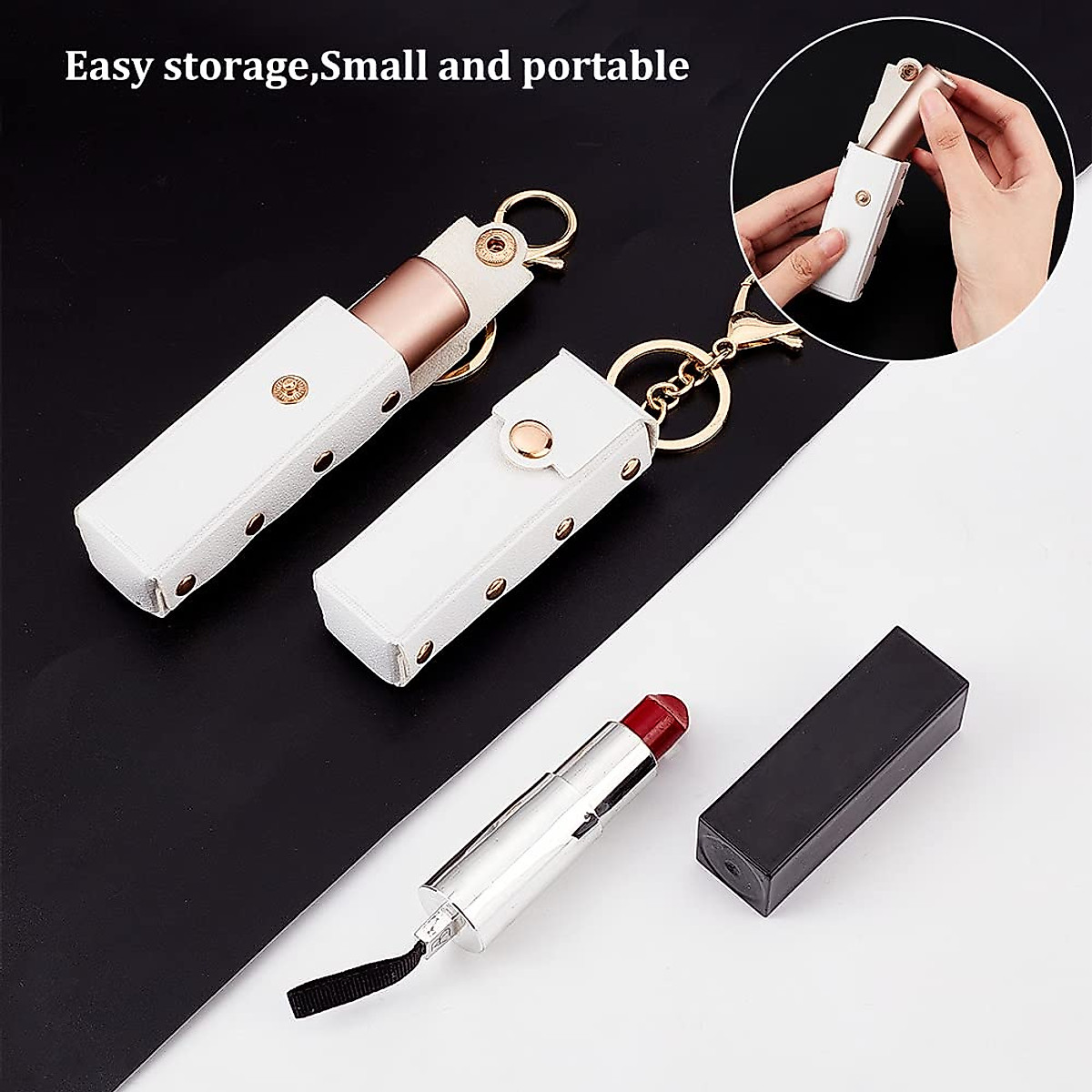 WADORN 2pcs Chapstick Keychain Holder, 6 Inch PU Leather Lipstick Organizer Holder with Keychain Mini Lip Gloss Travel Storage Case Portable Snap-On Lip Balm Sleeves for Women Gift,White