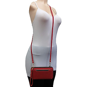 Faux Leather Women’s Cell Phone Wallet with Crossbody Strap and Wristlet (Red)
