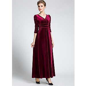 MedeShe Women's Christmas Long Velvet Maxi Dress (14/16, Burgundy Ruched Waist)