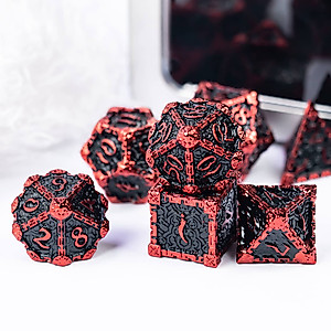 Cusdie Metal Dice with Metal Box, 7 PCs DND Metal Dice, Dagger Design Polyhedral Dice Set, for Role Playing Game D&D Dice MTG Pathfinder (Black with Red Font)