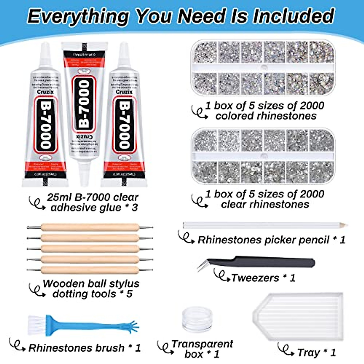 B7000 Clear Glue Bedazzler Kit with Rhinestones, 4013PCS Rhinestone Gems 3 PCS 25 ML B-7000 Adhesive Bead Glue Jewelry Kit for Tumblers Craft Clothes Fabric Nail Art DIY (Paradise Shine Crystal Clear)