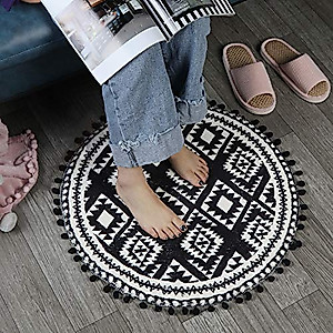 HAOCOO Round Area Rugs 2ft with Pom Pom Ball Fringe Black and Beige Soft Velvet Small Throw Rugs Non-Slip Boho Geometric Floor Carpet for Bedroom Living Room Bathroom Home Decor