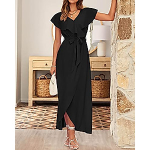 BTFBM Women's Summer Chiffon Maxi Dresses Deep V Neck Ruffle Short Sleeve Beach Party Cocktail Flowy Wrap Dress with Belt(Solid Black, Large)