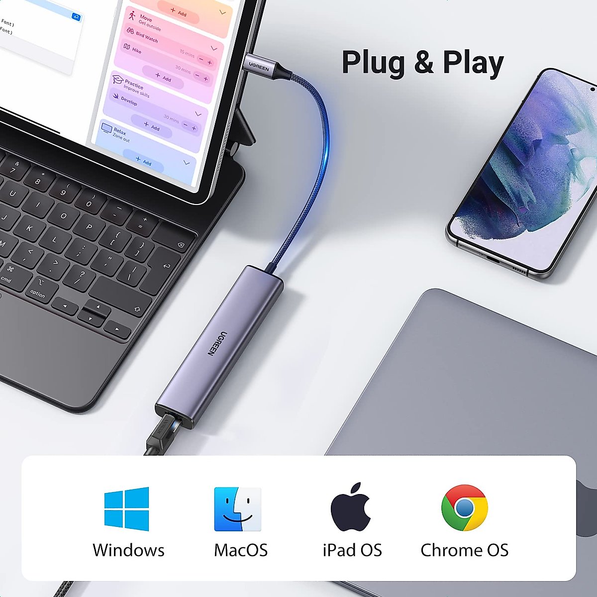 UGREEN USB C to Ethernet Adapter, 4 in 1 USB C Hub Ethernet with 3 USB 3.0 Ports/Gigabit Rj45, Plug & Play, Thunderbolt (3/4) to Network Adapter for MacBook Pro/Air, XPS, iPad Pro, iPhone 15 Pro/Max