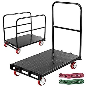 LoJok 2 in 1 Steel Drywall Cart, 37"x24" Panel Lumber Cart Heavy Duty with 2 Straps, Platform Truck Cart with 2200lbs Capacity and 4 Swivel Casters, Flatbed Cart with 3 Handrails, Black