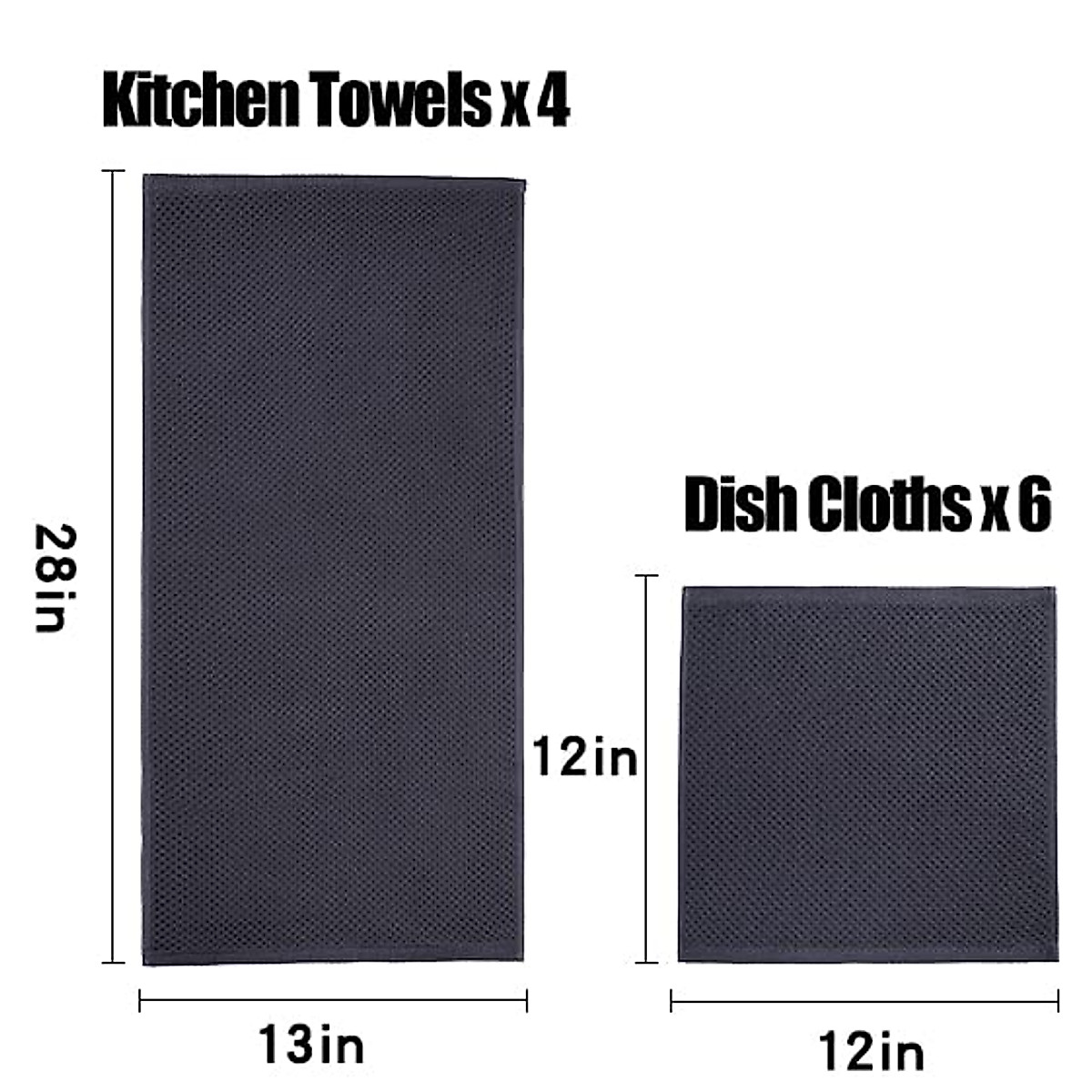 Homaxy Kitchen Towels and Dishcloths Set, 12 x 12 Inches and 13 x 28 Inches, Set of 10 Bulk Cotton Kitchen Towels Set, Ultra Soft Absorbent Dish Towels for Washing Dishes, Dark Grey
