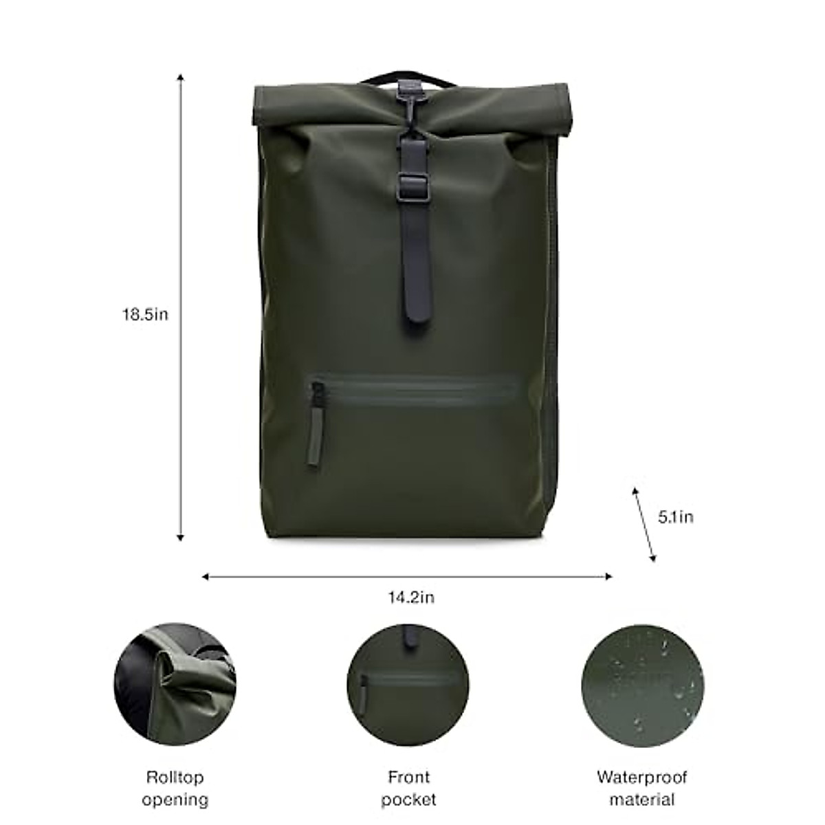 RAINS Rolltop Rucksack -Backpack - Waterproof Backpack for Women and Men - Rucksack for Travel and Work (Green)