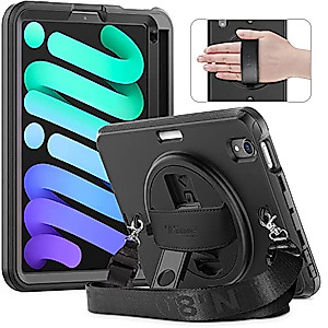 Timecity iPad Mini 6 Case, iPad Mini 6th Generation Case (8.3 inch) 2021 Released: with Strong Protection, Screen Protector, Hand Strap, Shoulder Strap, 360° Rotating Stand, Pencil Holder - Black
