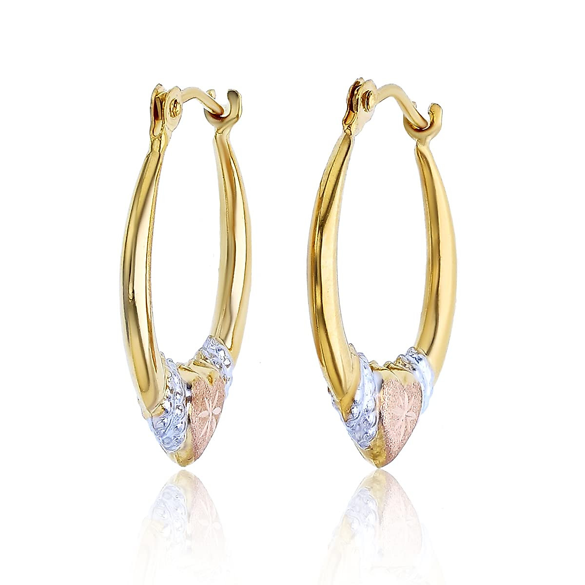 14K Gold Solid Tricolor Diamond Cut Heart Hoop Earrings For Women, 2.70x18mm