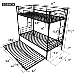 OYN Twin Over Twin Metal Bunk Bed Frame with Trundle and 2 Ladders, Black (New Upgrade Reinforcement Version)