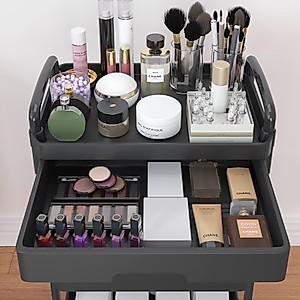 Calmootey 5-Tier Rolling Utility Cart with Drawer,Multifunctional Storage Organizer with Plastic Shelf & Metal Wheels,Storage Cart for Kitchen,Bathroom,Living Room,Office,Black