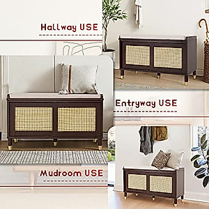 Anbuy Shoe Storage Bench for Entryway with Rattan Door, Rattan Shoe Rack Bench entryway Bench, Shoe Cabinet with Soft Cushion, Holds 300 lb, 31.5 x 13.78 x 19.1 inches (Red Brown)