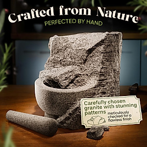 ChefSofi Mortar and Pestle Set - 6 Inch - 2 Cup Capacity - Unpolished Heavy Granite for Enhanced Performance and Organic Appearance - Included: Anti-Scratch Protector + Italian Recipes EBook