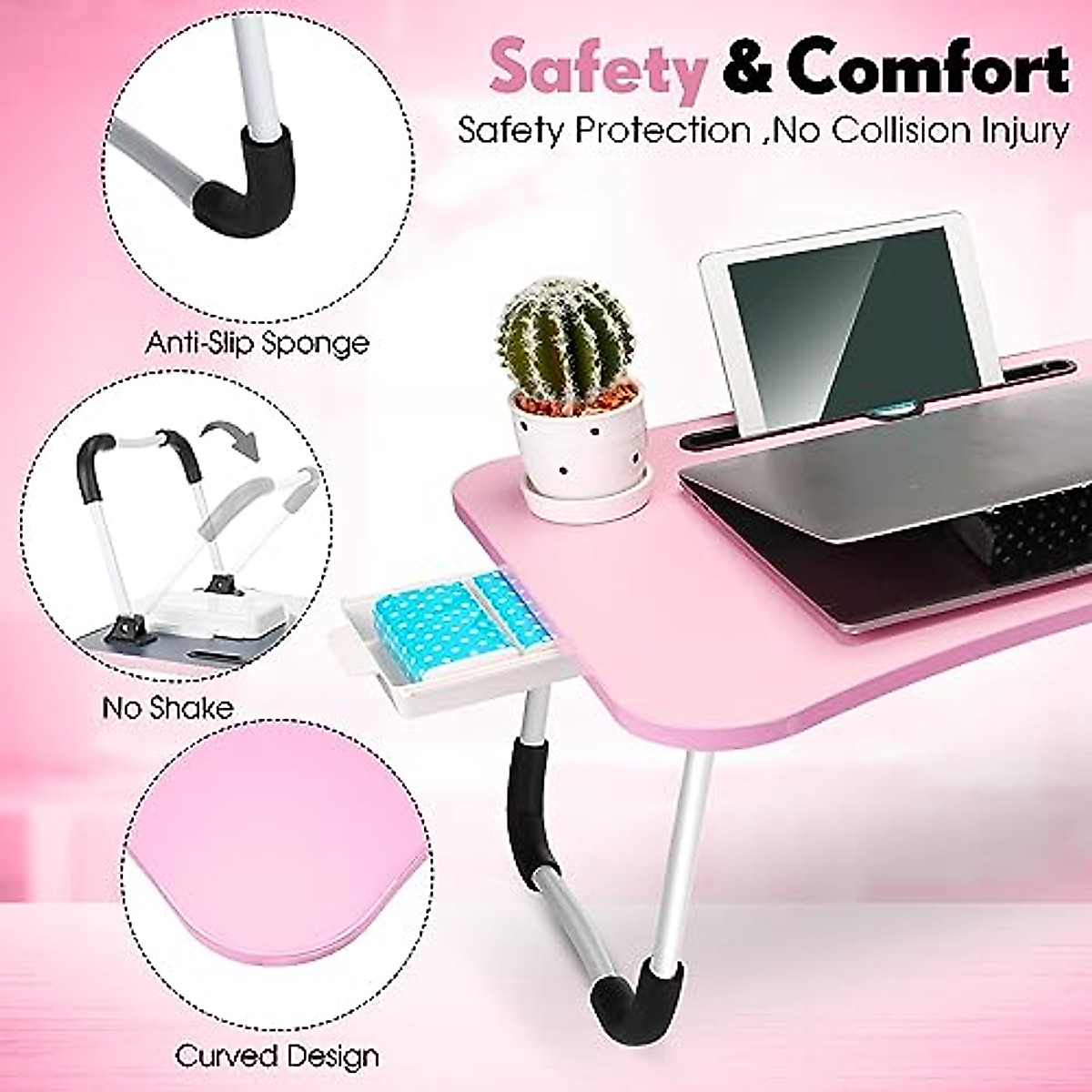 Sintuff 2 Pcs Laptop Bed Desk Foldable Lap Tray with Drawer Cup Holder Large Lap Desk Portable Bed Laptop Table for Breakfast Laptop Bed Tray for Writing Reading on Bed Low Sitting Floor (Black Pink)