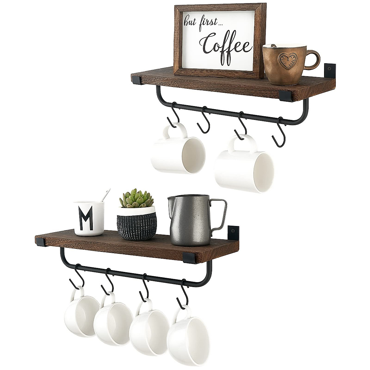 Mkono Mug Holder Wall Mounted Coffee Mug Rack Set of 2 Rustic Floating Shelf for Coffee Bar Accessories Wood Tea Cup Hooks Hanger for Organizing Cooking Utensils, Home Kitchen Decor