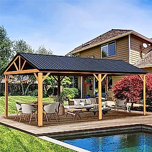 EMKK 12x20ft Hardtop Gazebo, Galvanized Steel Gable Roof Gazebo Pergola with Wood Grain Aluminum Frame, Hardtop Gazebo,Outdoor Permanent Gazebo Pavilion for Patio, Backyard, Deck, Lawns
