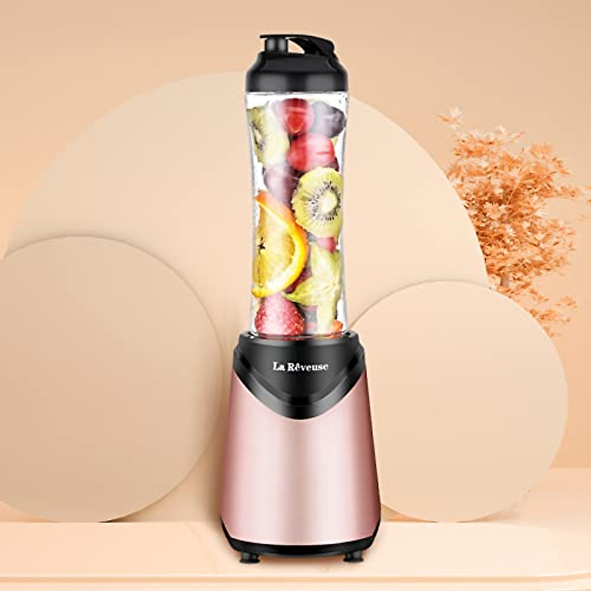 La Reveuse Smoothie Blender Personal Size 300 Watts with 2 Pieces 18 oz BPA-free Travel Sports Bottles,Grey (Pink)