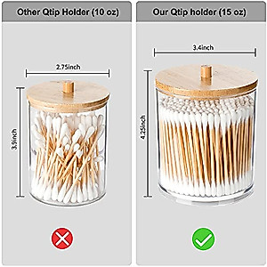 Qtip Holder Dispenser with Bamboo Vanity Tray, Acrylic Apothecary Jars Bathroom Canisters for Cotton Ball Pad Round Swab