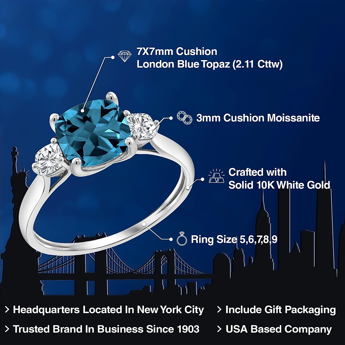 Gem Stone King 10K White Gold London Blue Topaz & White Moissanite 3 Stone Engagement Ring For Women | 2.11 Cttw | Cushion 7MM | Gemstone Birthstone (Size 9)