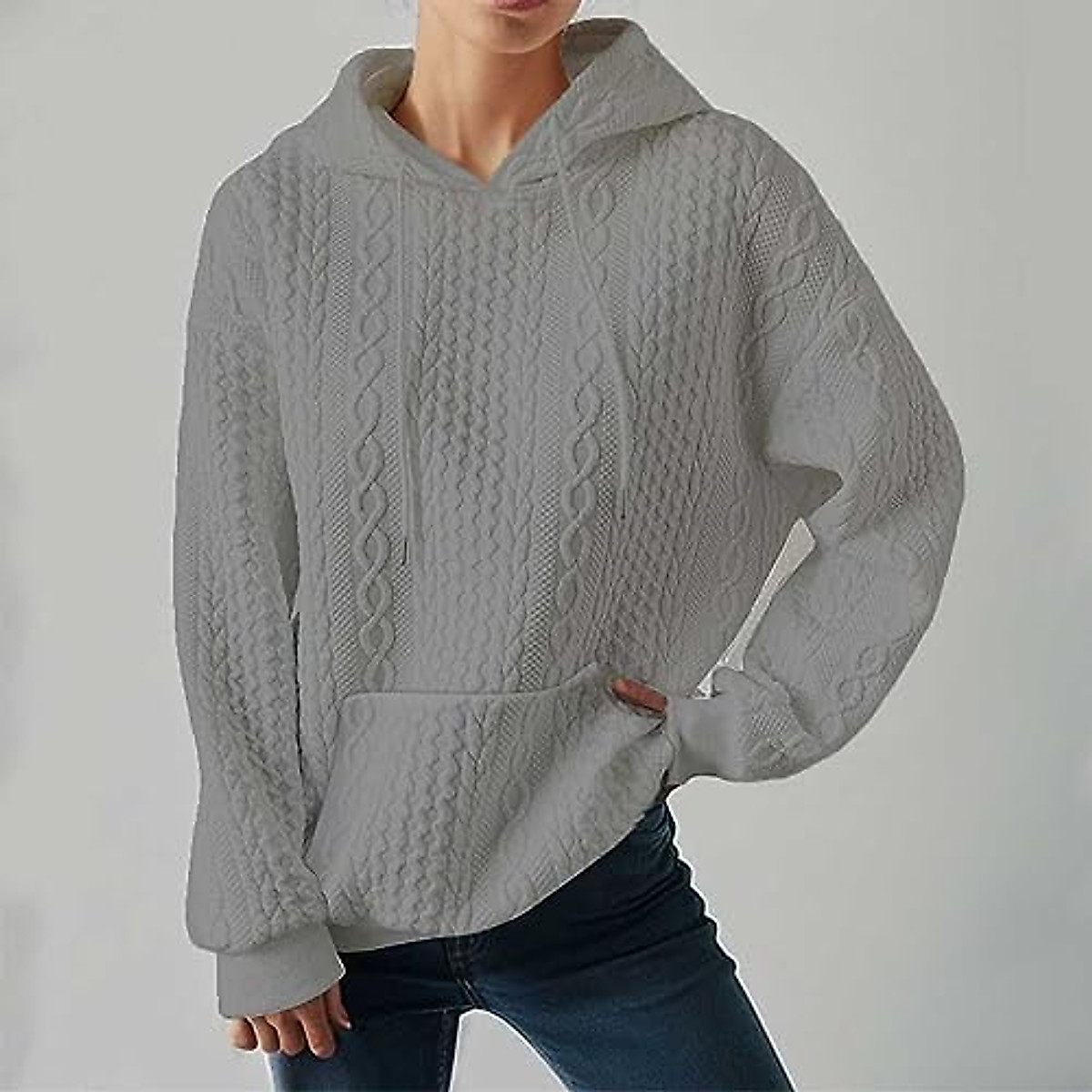 Thin Drawstring Sweaters For Women, Women Long Sleeve Sweatshirts Hoodie Jacket Jacket Trendy Y2k Hoodie with Pocket 03-Grey(with pocket),3X-Large