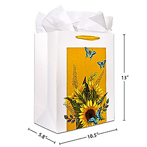 XJF 13in Large Sunflowers Gift Bag,Watercolor Flowers Gift Bag with Tissue Paper,Sunflowers Gift Bag for Birthdays,Mothers Day,Anniversary,Baby Shower,Bridal Shower,Yellow